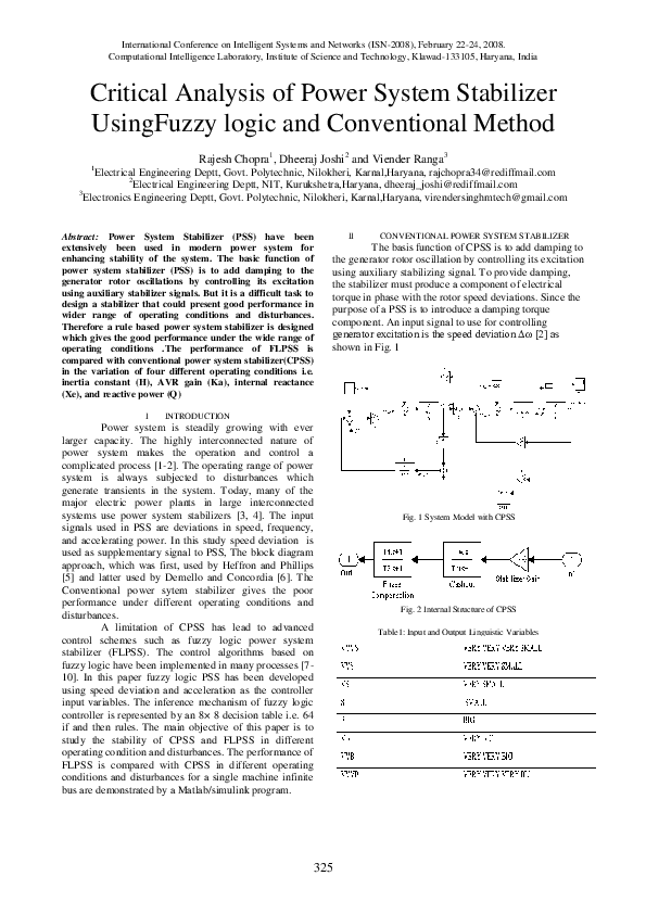 (PDF) Critical Analysis of Power System Stabilizer UsingFuzzy logic and Conventional Method | Dr ...