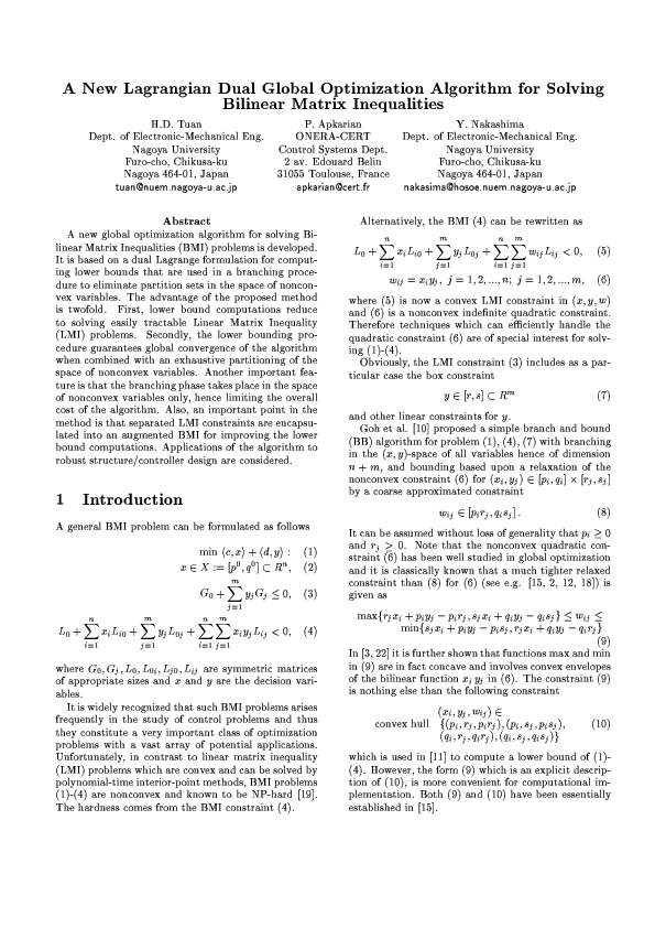 (PDF) A new Lagrangian dual global optimization algorithm for solving bilinear matrix inequalities