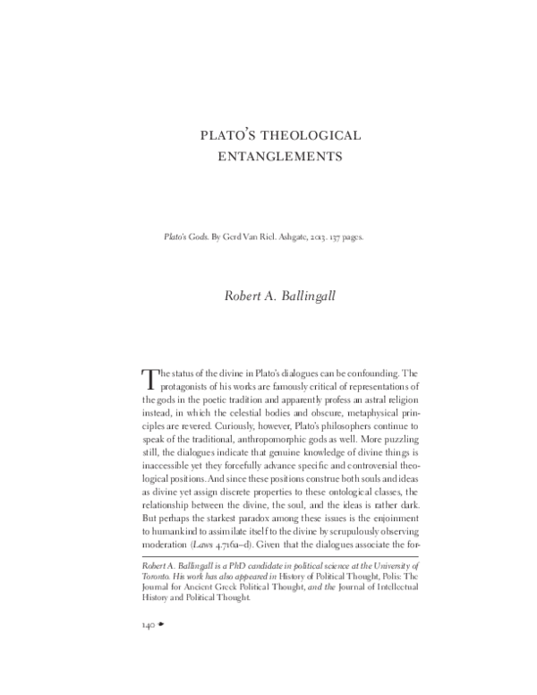 (PDF) Review of “Plato’s Gods,” Gerd Van Riel, Ashgate, 2013
