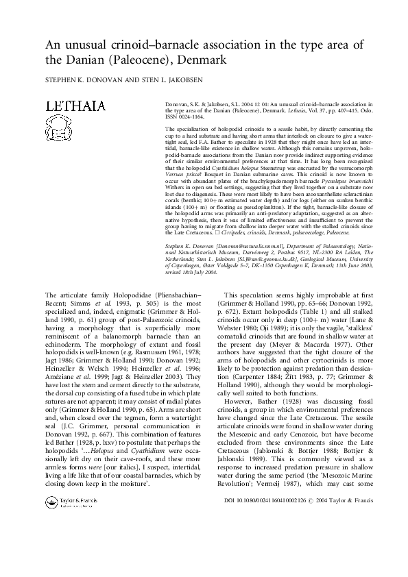 (PDF) An unusual crinoid-barnacle association in the type area of the ...