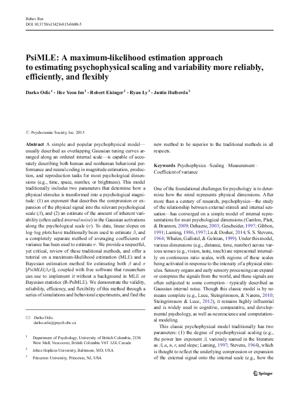 (PDF) PsiMLE: A maximum-likelihood estimation approach to estimating psychophysical scaling and ...