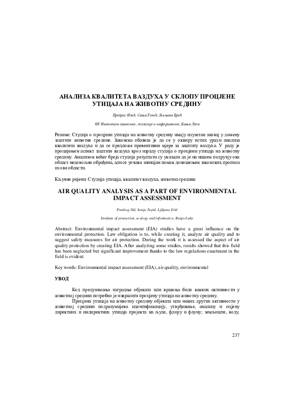 (PDF) Air Quality Analysis as a Part of Environmental Impact Assessment