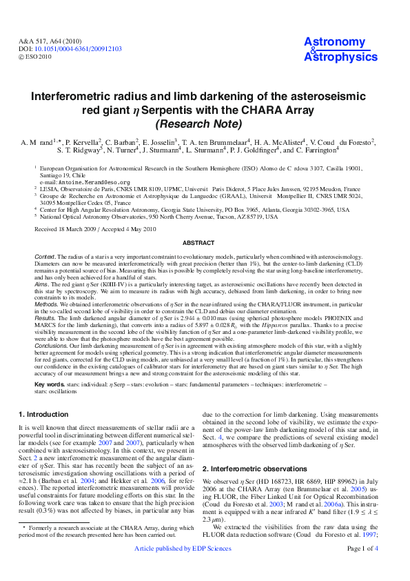 (PDF) Interferometric radius and limb darkening of the asteroseismic ...