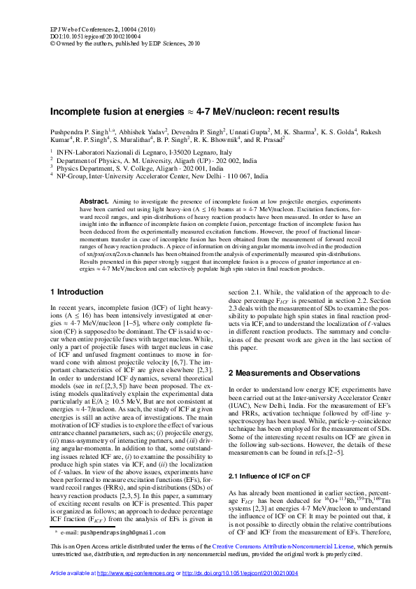 (PDF) Incomplete fusion at energies & 4-7 MeV/nucleon: recent results