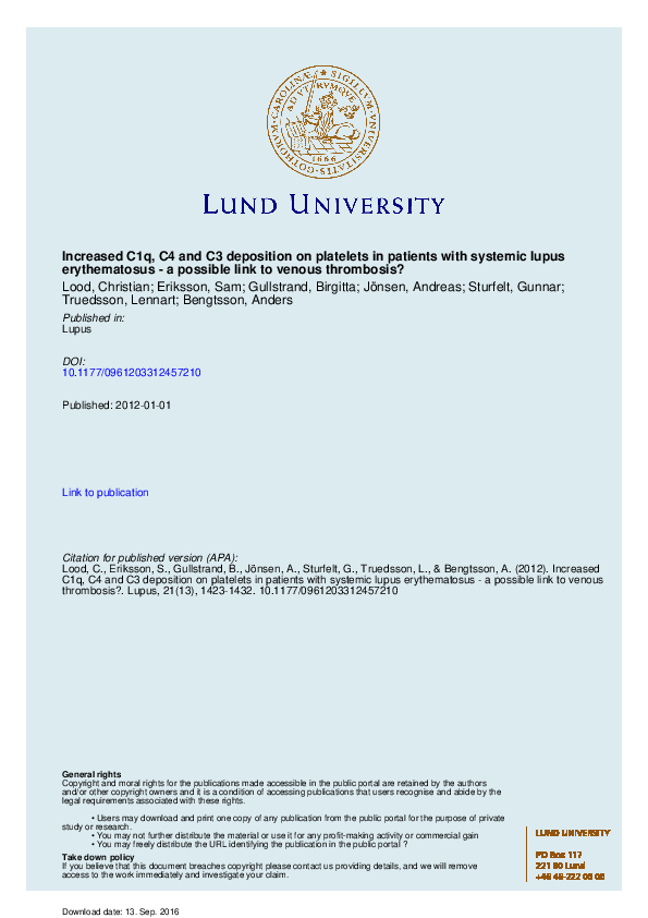 (PDF) Increased C1q, C4 and C3 deposition on platelets in patients with ...
