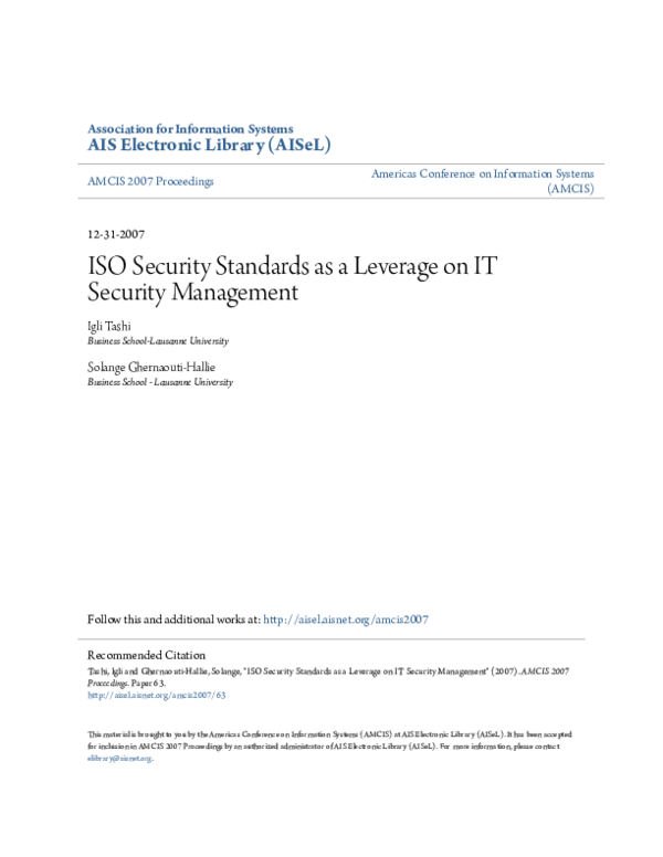 (PDF) ISO Security Standards as a Leverage on IT Security Management