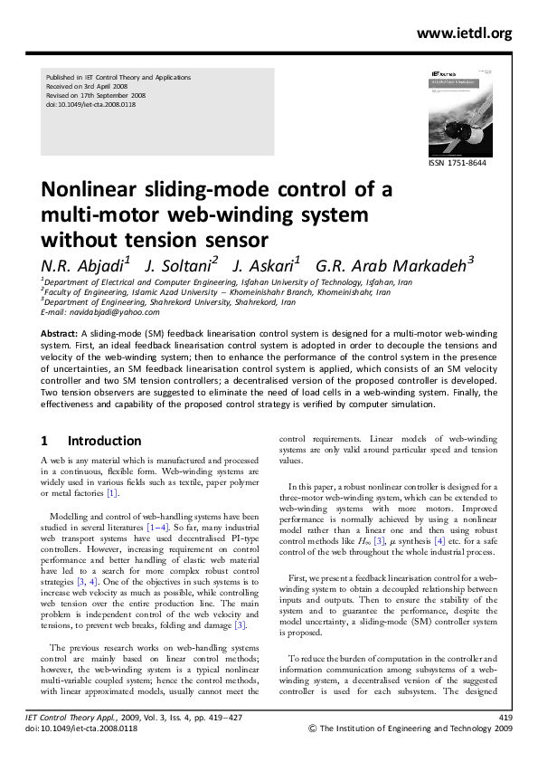 Pdf Nonlinear Sliding Mode Control Of A Multi Motor Web Winding System Without Tension Sensor