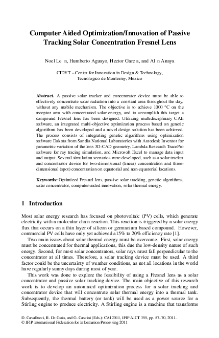(PDF) Computer Aided Optimization/Innovation of Passive Tracking Solar Concentration Fresnel Lens