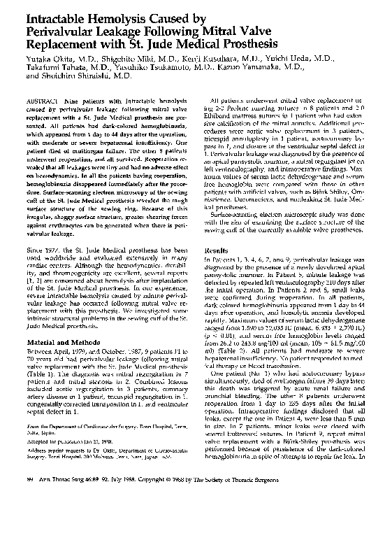 (PDF) Intractable Hemolysis Caused by Perivalvular Leakage Following ...