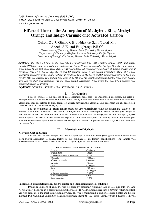 (PDF) Effect of Time on the Adsorption of Methylene Blue, Methyl Orange and Indigo Carmine onto ...