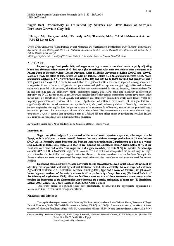 (PDF) Sugar Beet Productivity as Influenced by Sources and Over Doses ...