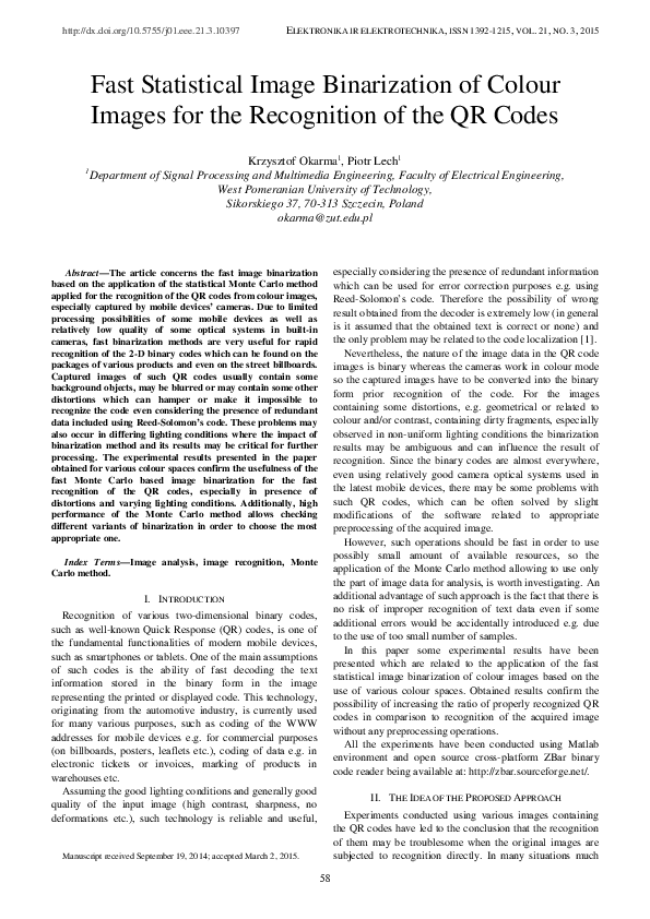 (PDF) Fast Statistical Image Binarization of Colour Images for the ...