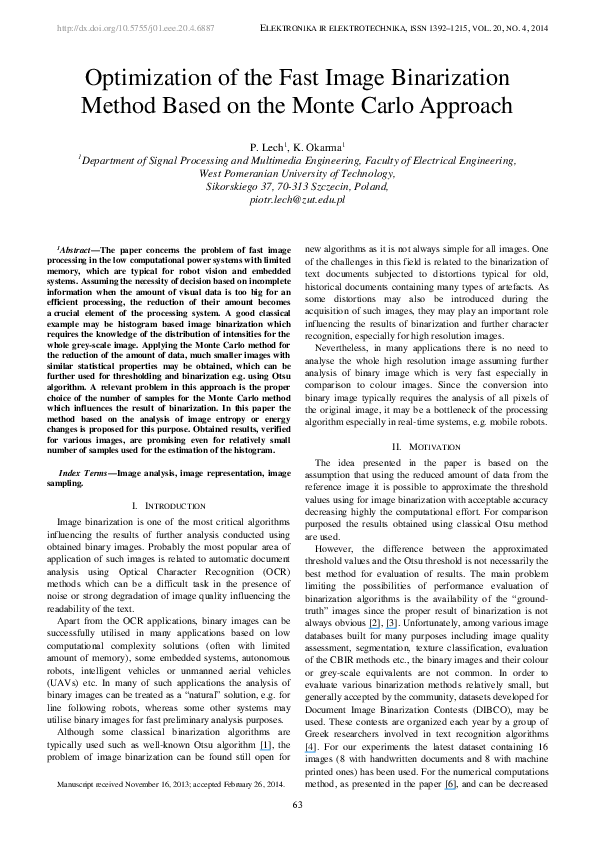 (PDF) Optimization of the Fast Image Binarization Method Based on the Monte Carlo Approach