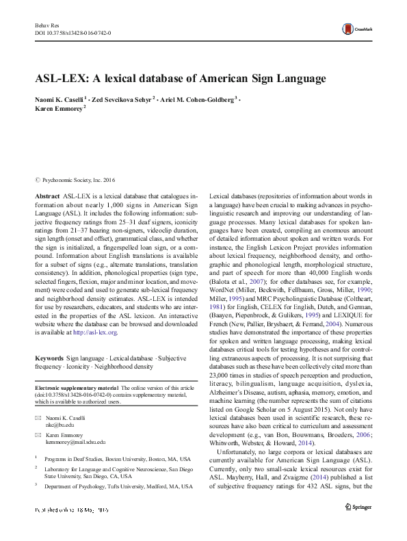 (PDF) ASL-LEX: A lexical database of American Sign Language