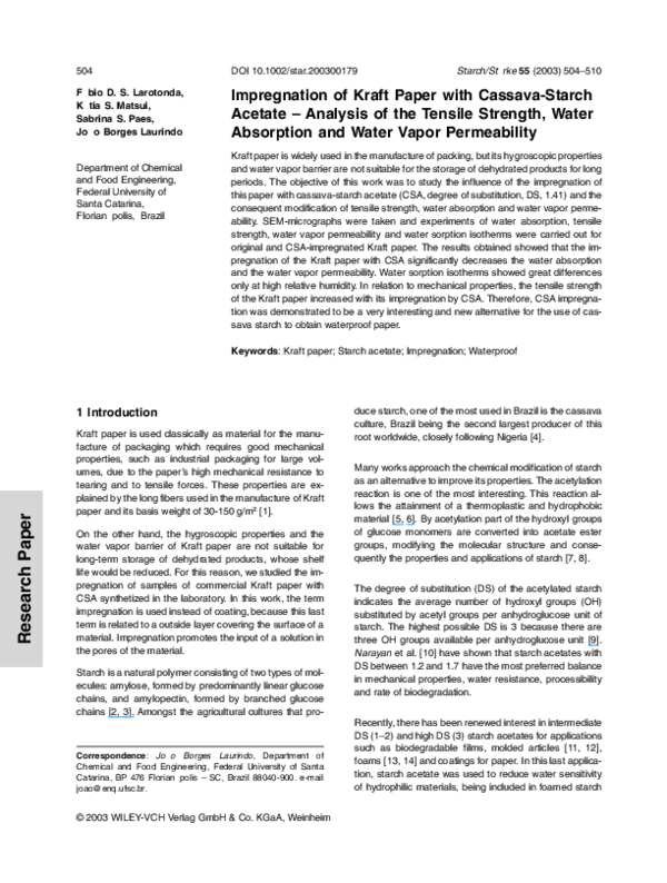 (PDF) Impregnation of Kraft Paper with Cassava-Starch Acetate— Analysis ...