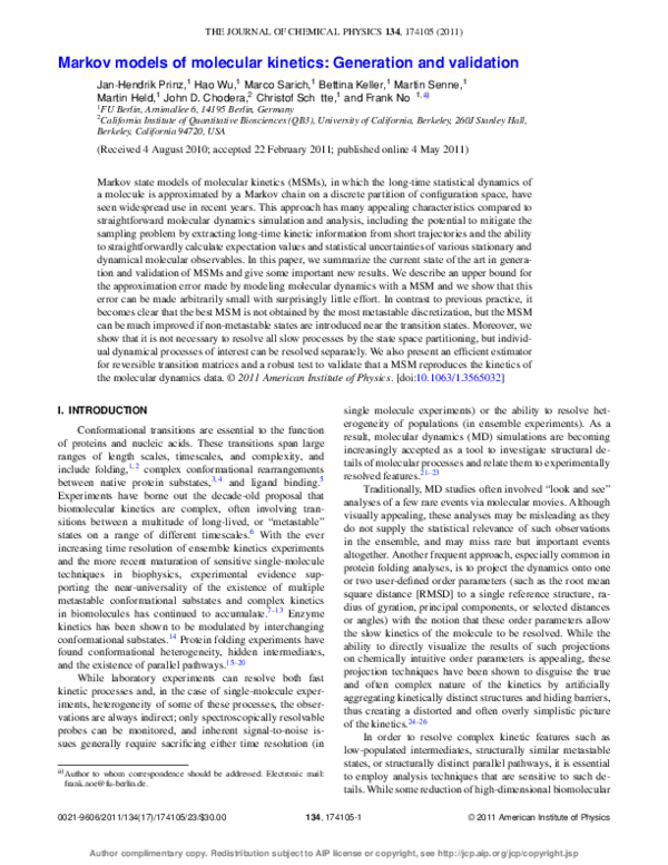Pdf Markov Models Of Molecular Kinetics Generation And Validation