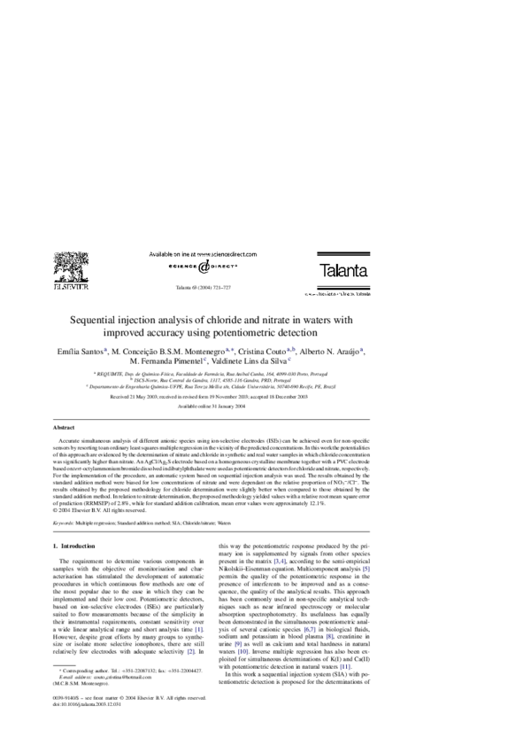 Pdf Sequential Injection Analysis Of Chloride And Nitrate In Waters With Improved Accuracy