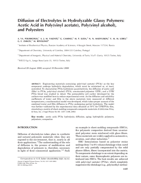 (PDF) Diffusion of electrolytes in hydrolyzable glassy polymers: Acetic ...