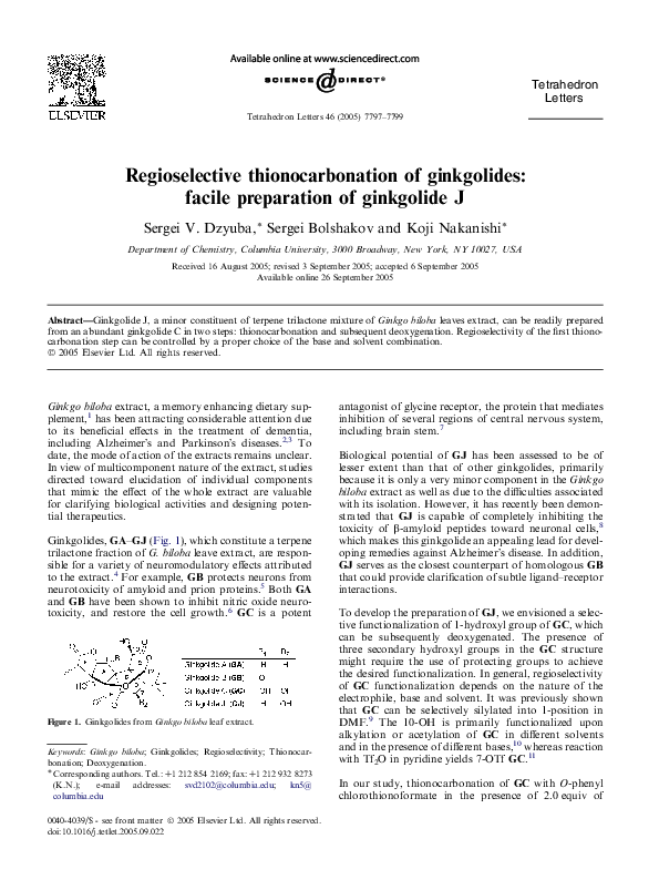 (PDF) Regioselective thionocarbonation of ginkgolides: facile ...
