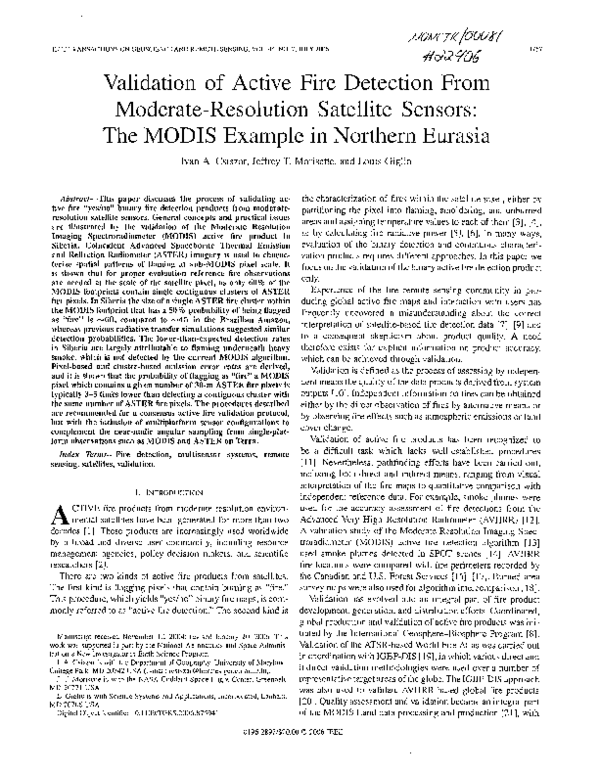 Pdf Validation Of Active Fire Detection From Moderate Resolution Satellite Sensors The Modis