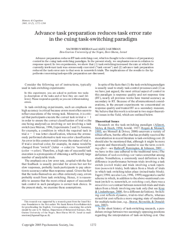 (PDF) Advance task preparation reduces task error rate in the cuing task-switching paradigm