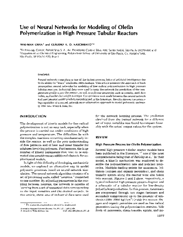 (PDF) Use of neural networks for modeling of olefin polymerization in high pressure tubular reactors