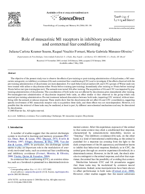 (PDF) Role of muscarinic M1 receptors in inhibitory avoidance and ...