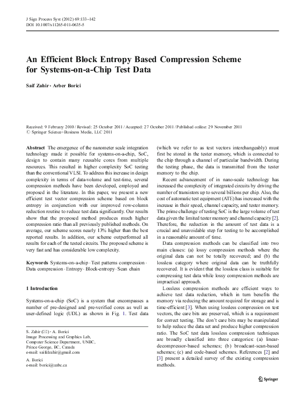 Pdf An Efficient Block Entropy Based Compression Scheme For Systems On A Chip Test Data