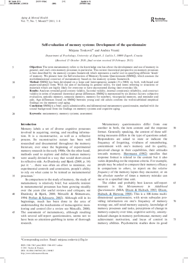 Pdf Self Evaluation Of Memory Systems Development Of The Questionnaire