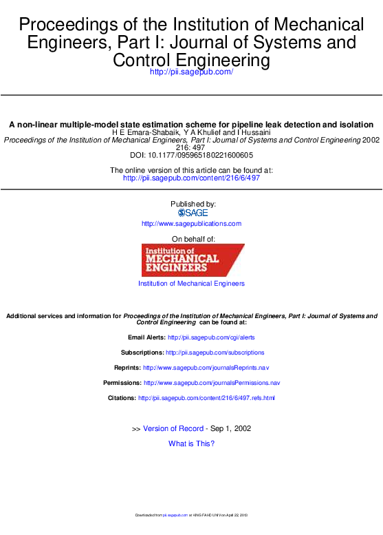 Pdf A Non Linear Multiple Model State Estimation Scheme For Pipeline Leak Detection And Isolation