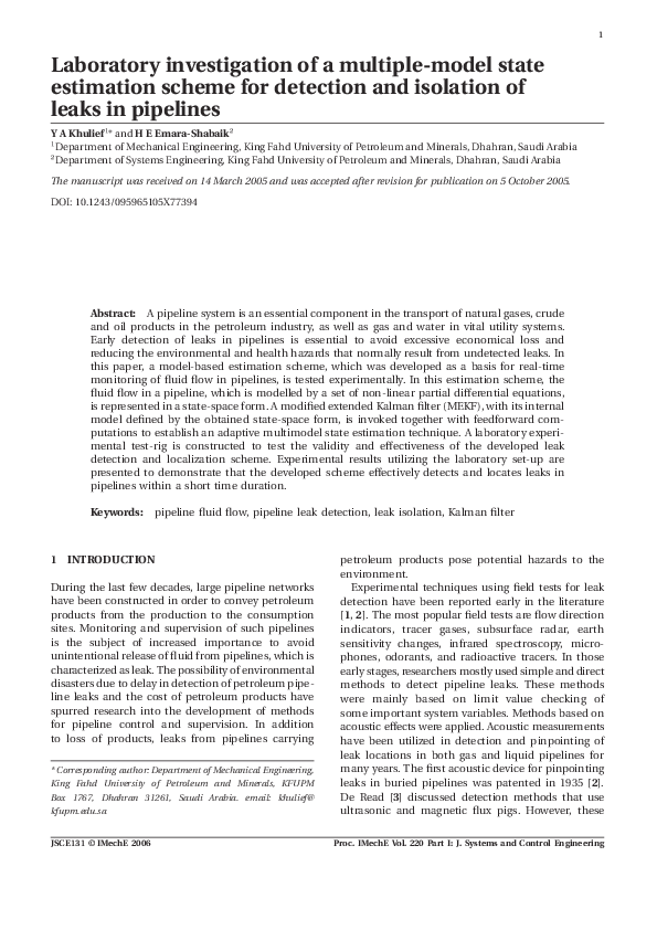 Pdf Laboratory Investigation Of A Multiple Model State Estimation Scheme For Detection And