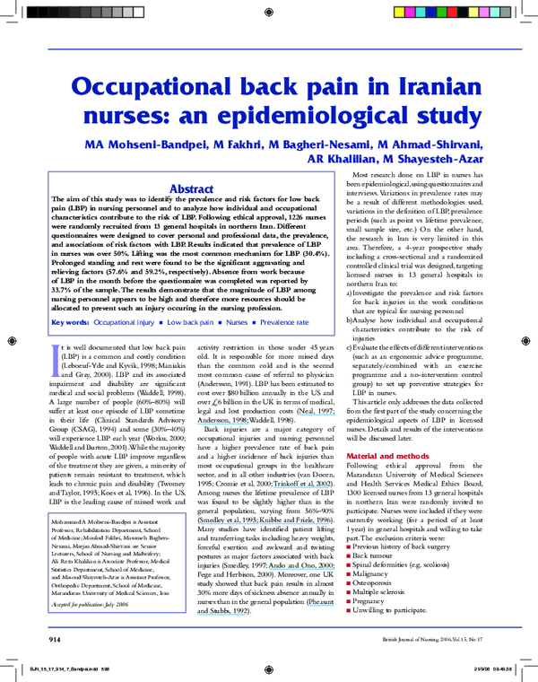(PDF) Occupational back pain in Iranian nurses: an epidemiological study