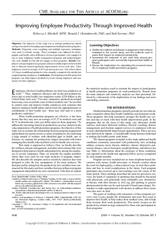 (PDF) Improving Employee Productivity Through Improved Health