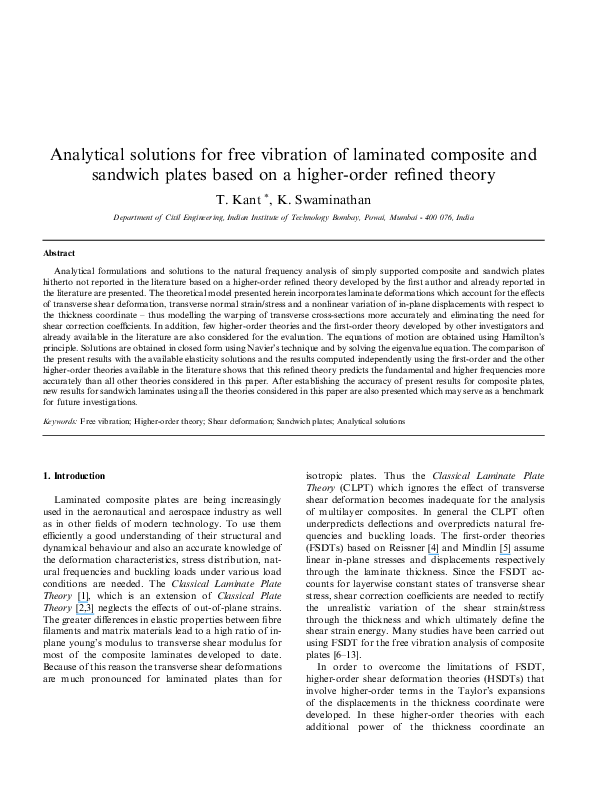 Pdf Analytical Solutions For Free Vibration Of Laminated Composite And Sandwich Plates Based