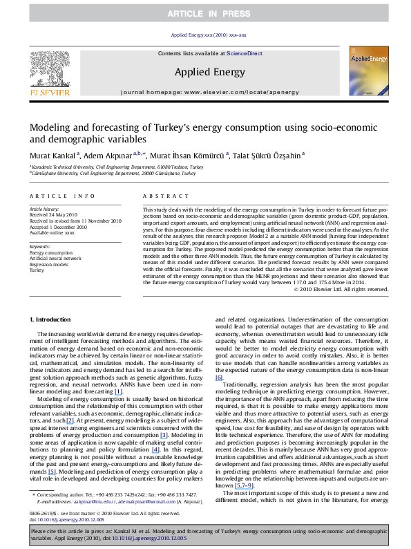 Pdf Modeling And Forecasting Of Turkeys Energy Consumption Using Socio Economic And