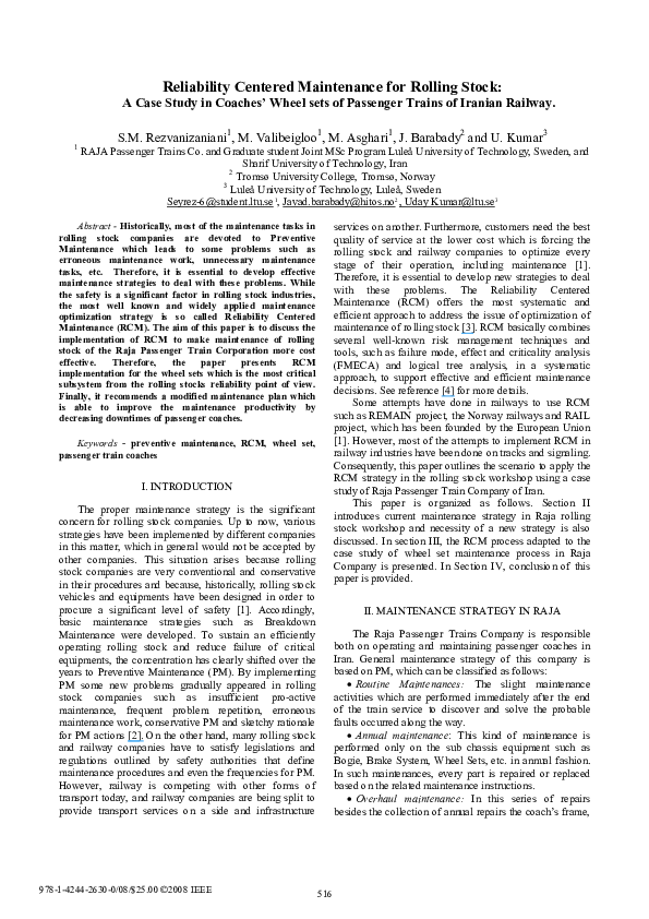 (PDF) Reliability Centered Maintenance for rolling stock: A case study in coaches’ wheel sets of ...