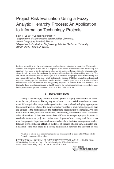 Pdf Project Risk Evaluation Using A Fuzzy Analytic Hierarchy Process An Application To