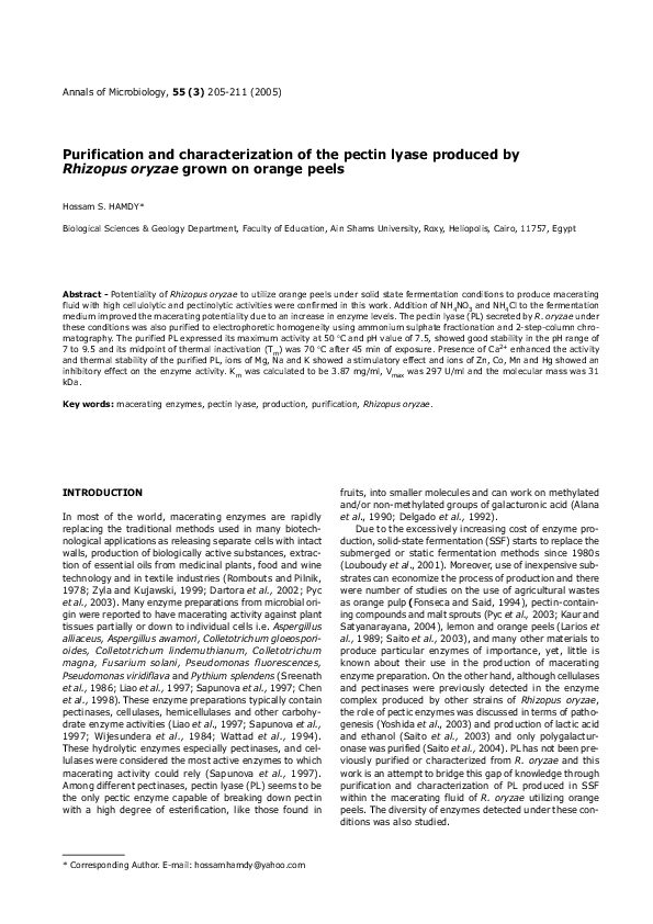 (PDF) Purification and characterization of pectin lyase secreted by ...
