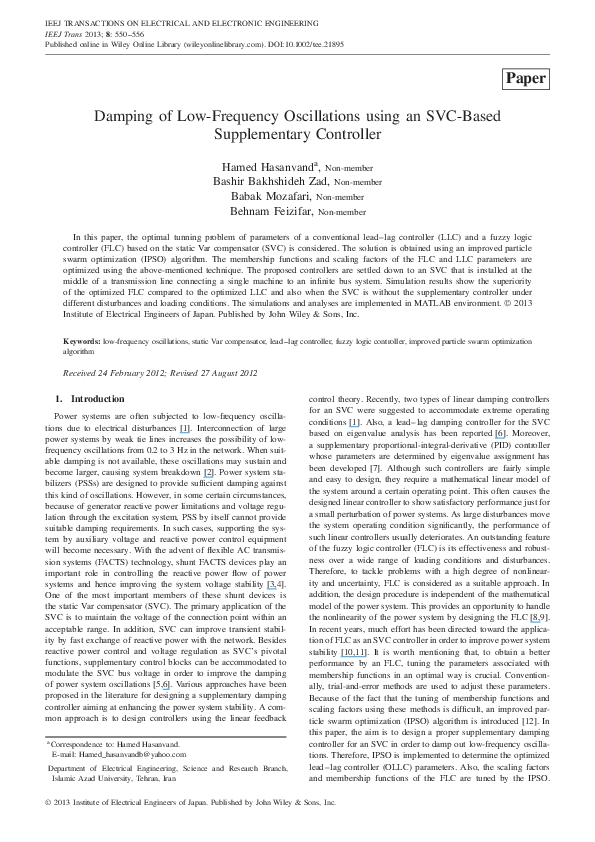 (PDF) Damping of low-frequency oscillations using an SVC-based supplementary controller | Babak ...
