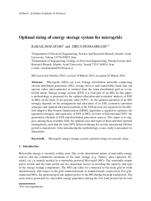 Pdf Optimal Sizing Of Energy Storage System For Microgrids Babak