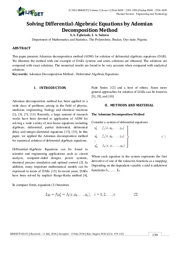Pdf Solving Differential Algebraic Equations By Adomian Decomposition Method International