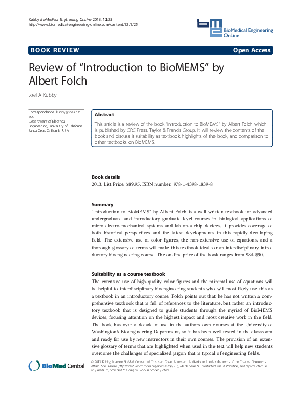 (PDF) Review of “Introduction to BioMEMS” by Albert Folch