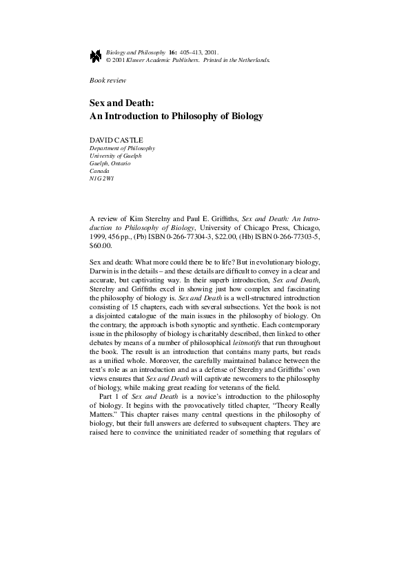 Pdf Sex And Death An Introduction To The Philosophy Of Biology