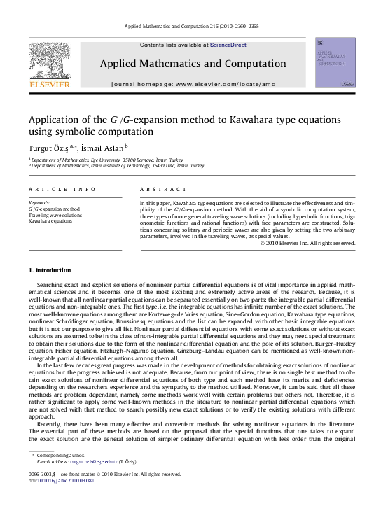 (PDF) Application of the G'/G-expansion method to Kawahara type equations using symbolic computation