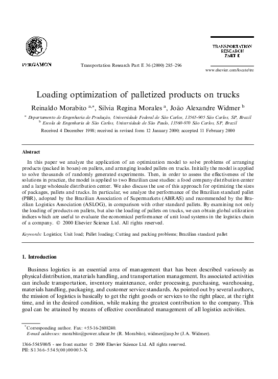 (PDF) Loading optimization of palletized products on trucks