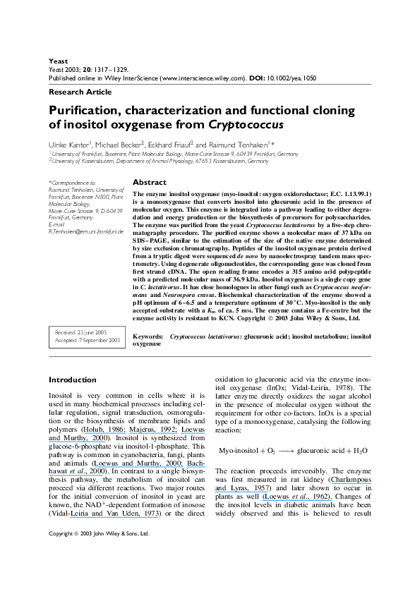(PDF) Purification, characterization and functional analysis of ...