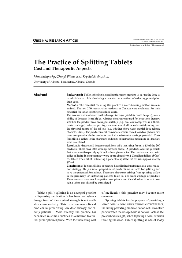 (PDF) The Practice of Splitting Tablets: Cost and Therapeutic Aspects