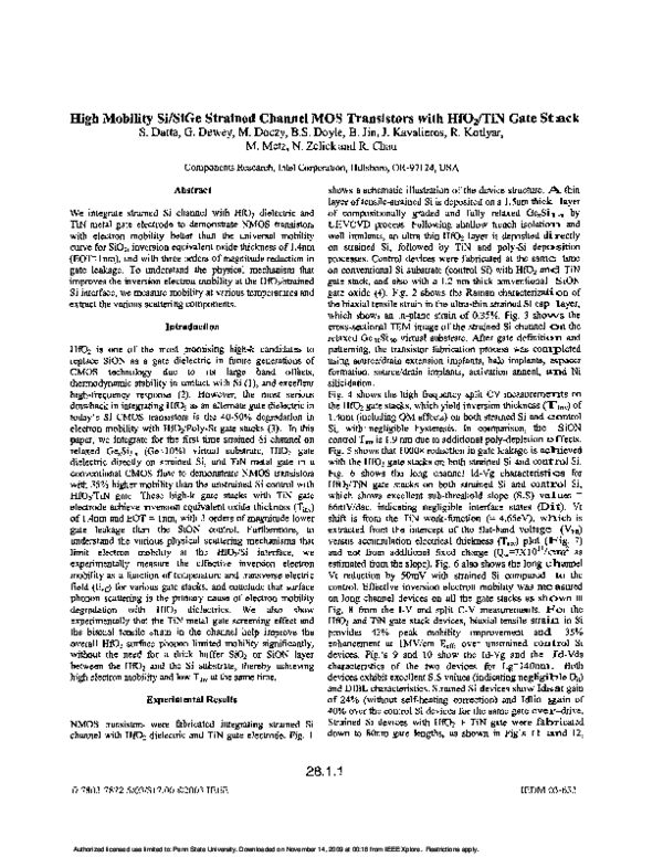 (PDF) High mobility Si/SiGe strained channel MOS transistors with HfO2/TiN gate stack
