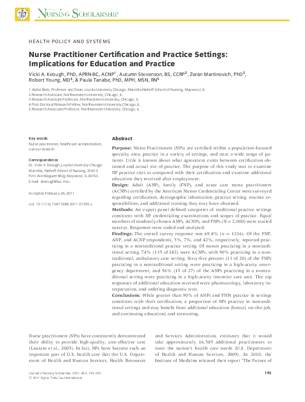 (PDF) Nurse Practitioner Certification and Practice Settings ...