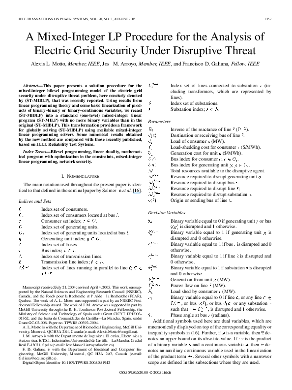 (PDF) A Mixed-Integer LP Procedure for the Analysis of Electric Grid Security Under Disruptive ...